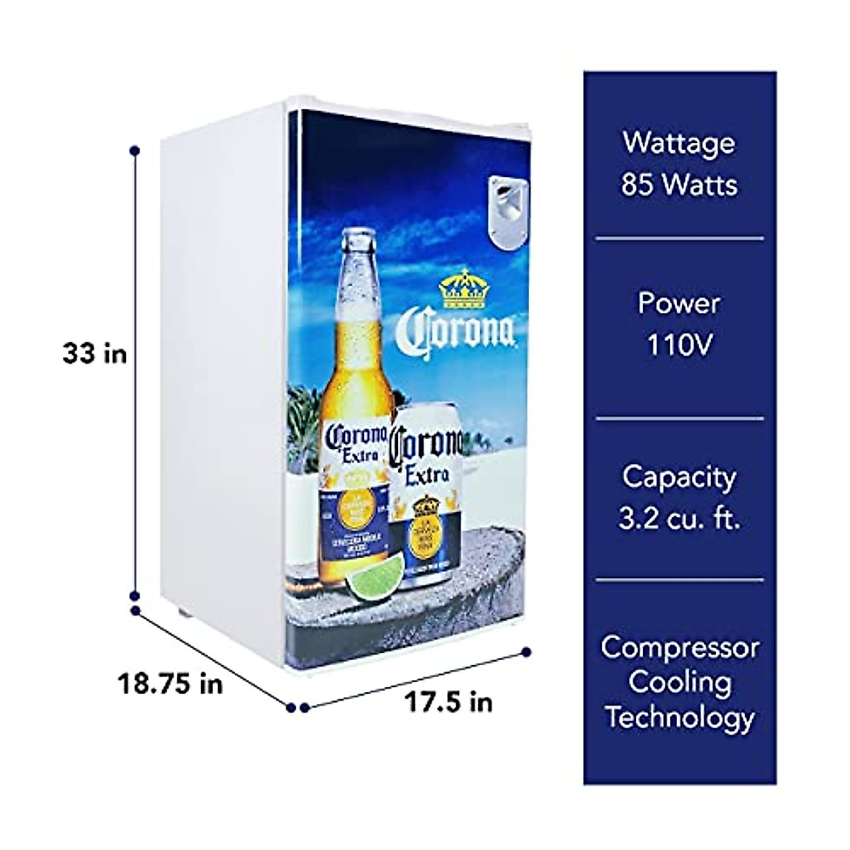 Corona Compact Fridge with Bottle Opener, 90 L/ 95 Quart 3.2 Cubic Foot for Snacks, Beverages, Juice, Beer, Den, Dorm, Office, Games Room, or RV