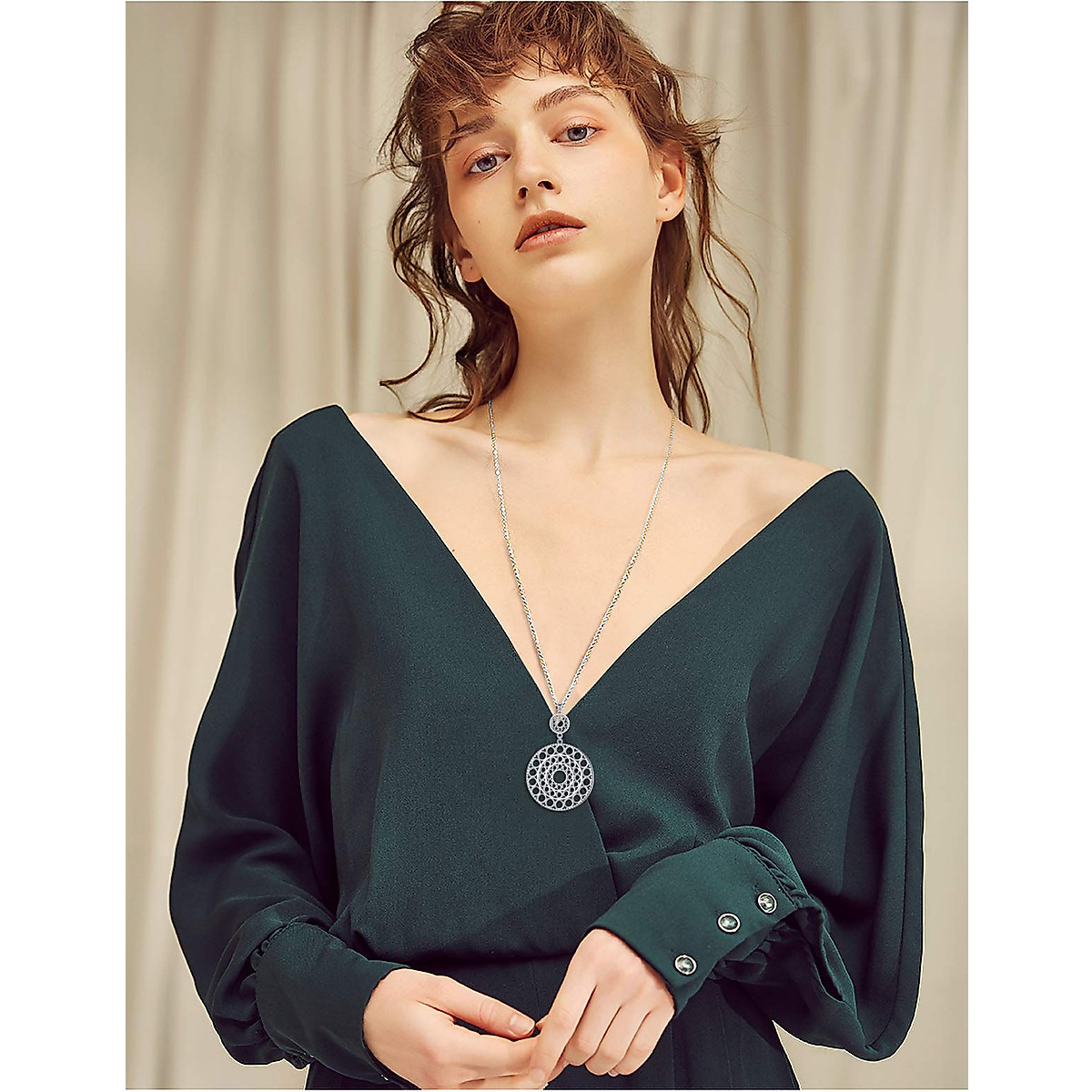 S925 Sterling Silver Long Chain Circle Necklace for Women Statement Pendant Fringe Sweater Necklaces Floral