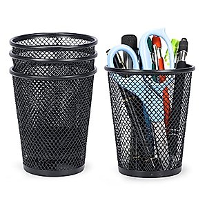 Mesh Pen Holder 4 Pcs for Desk Cute Black Pencil Holder for Desk Accessories and Organizer for Office Home and School Desks - Table Top Cute Desk Accessory