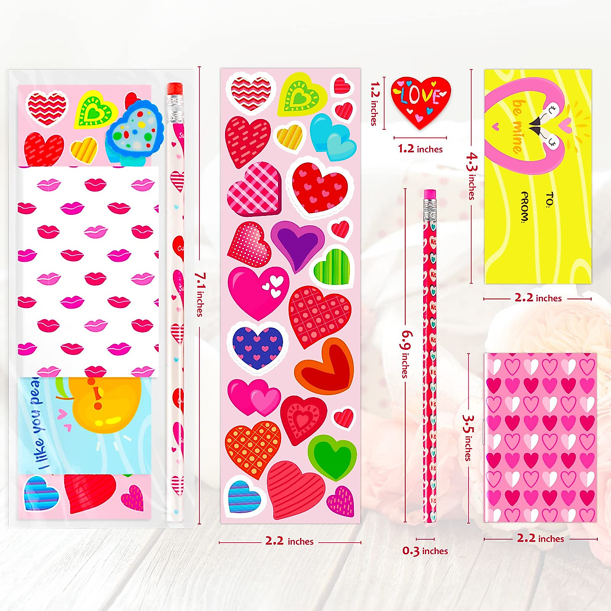 28 Pack Assorted Valentines Day Stationery Kids Gift Set, for Valentine Card Classroom Exchange Cards, Class Kid Pencil Eraser Notepad Sticker Bag, Pencils Bulk Pack Goodie Set, Toys Treats