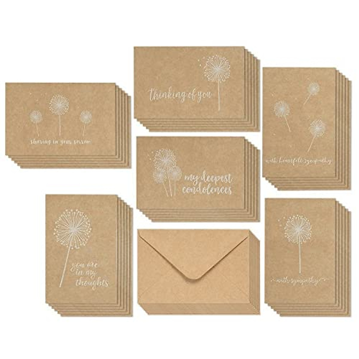 36 Pack Blank Sympathy Cards with Envelopes, Bulk Kraft Paper Condolence Cards with Envelopes for Bereavement, Thinking of You, White Dandelion Design, Blank Inside (4x6 In)