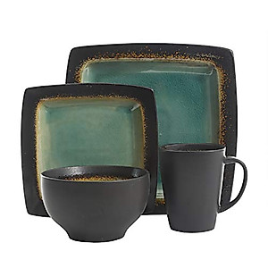Gibson Elite Ocean Paradise Square Reactive Glaze Stoneware Dinnerware Set, Service for 4 (16pcs), Jade