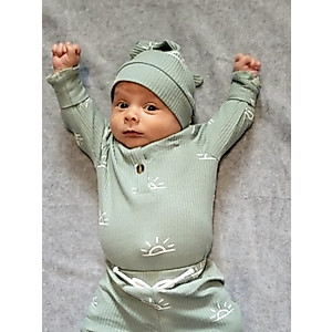 Infant Baby Boy Clothes Ribbed Knitted Sun Print Long Sleeve Romper Tops + Pants + Hat 3 Pcs Outfits (3-6 Months) Light Green