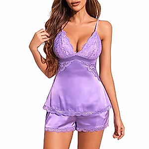Avidlove Sexy Lingerie for Womens Silk Satin Pajamas Set Two-piece Pj Sets Sleepwear Loungewear Pj Sets Violet