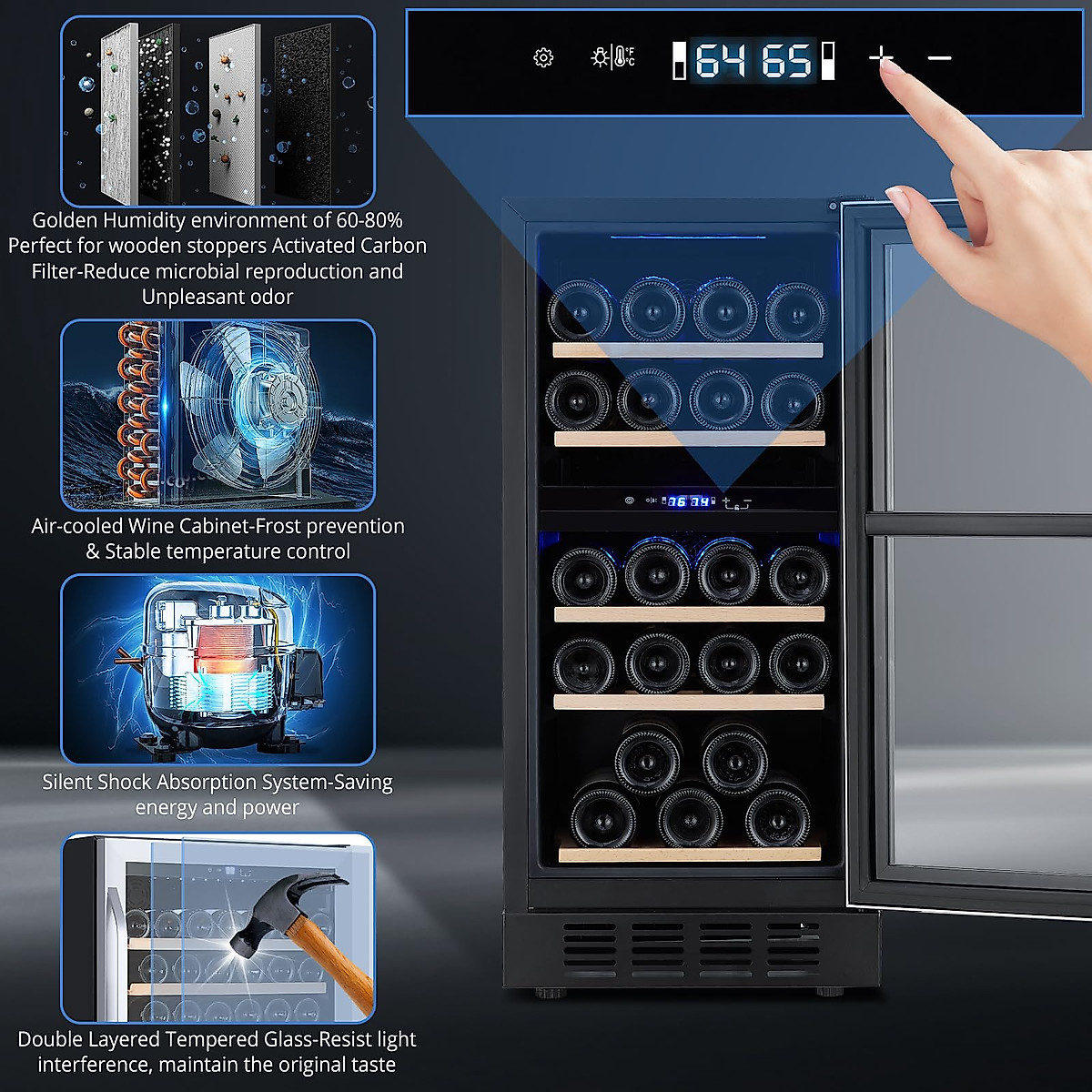 GarveeHome Dual Zone Wine Fridge - 41℉-64℉ Compressor Wine Cooler, Digital LED Touch Control, Frost-Resistant Lockable Cabinet, 26 Bottles Freestanding/Built-In