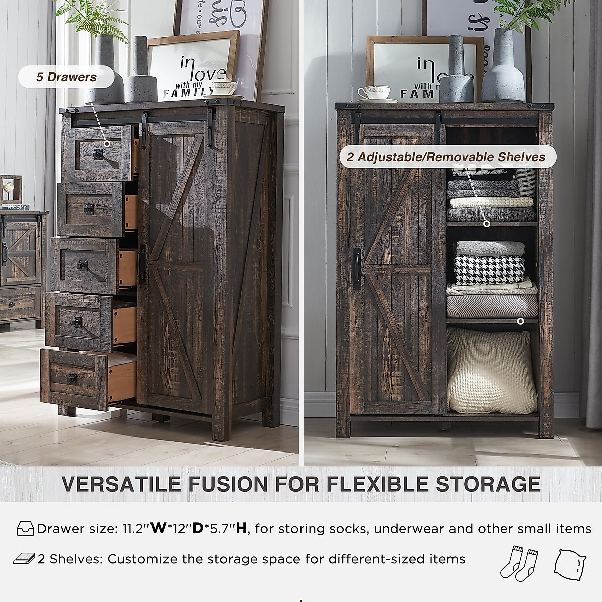 T4TREAM 5 Drawers Dresser for Bedroom w/Sliding Barn Door, Farmhouse Modern Tall Dresser 5 Chest of Drawers, Storage Organizer Dresser for Bedroom, Hallway, Living Room, Kids Room, Dark Rustic Oak