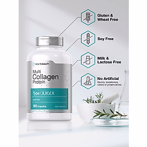Horbäach Multi Collagen Protein 2000 mg | 180 Capsules | Type I, II, III, V, X | Keto & Paleo Friendly, Gluten Free Supplement