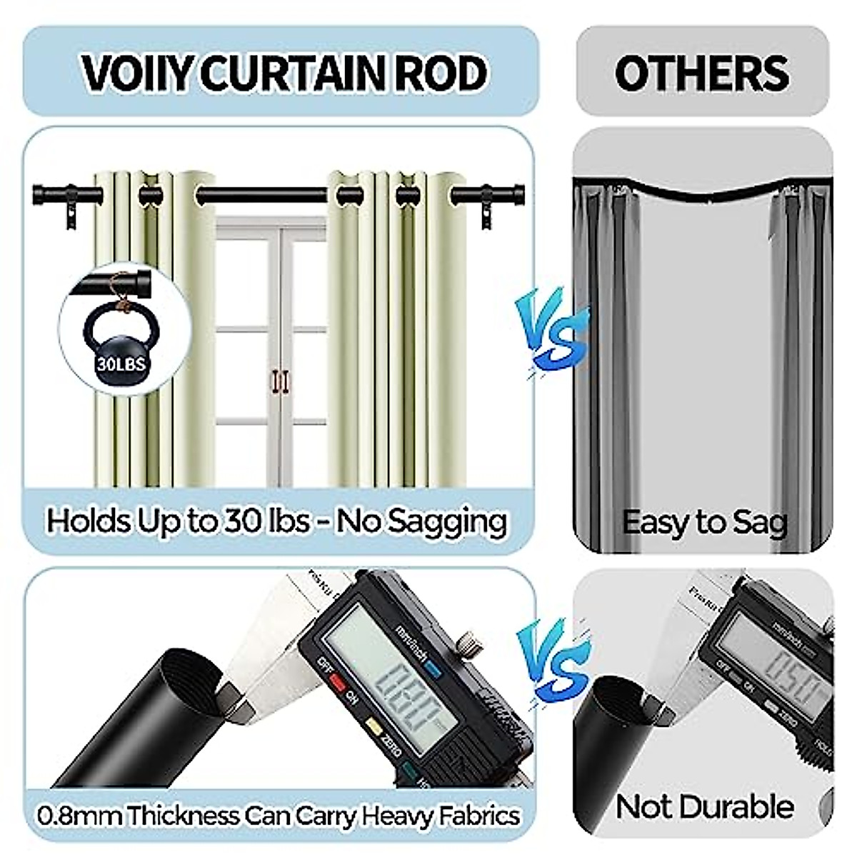 VOIIY Curtain Rods for Windows 48 to 84 Inch(4-7 Feet),Black 1'' Diameter Drapery Rods with End Cap Style Design,Modern Adjustable Heavy Duty Curtain Rod,Size:36''-88''