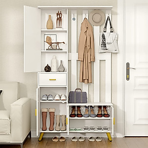PAKASEPT Hall Tree with Bench and Shoe Storage, Farmhouse Entryway Bench with Coat Rack, Multi-Purpose Home Organizer, Sliding Barn Doors, Entryway Solution with Seating and Hooks