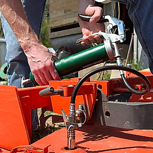 LockNLube Heavy-Duty Pistol Grip Grease Gun. Includes our patented LockNLube® Grease Coupler (Locks On, Stays On, Won't Leak!) plus a high-quality 20" hose and in-line hose swivel