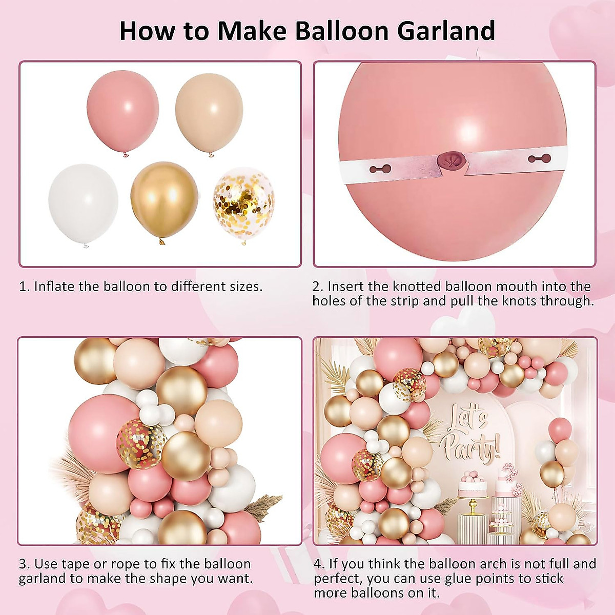 Dusty Pink Blush Balloon Arch Kit, Retro Pink Nude Matte White Metallic Gold Balloons and Gold Confetti Balloons for Boho Engagement Wedding Bridal Shower Birthday Baby Shower Decorations…