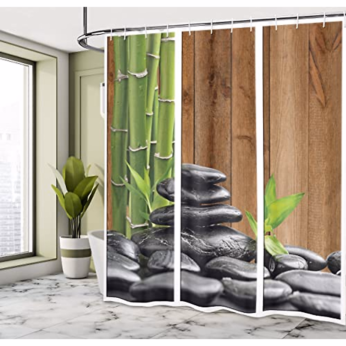 Ambesonne Art Decor Collection, Spa Zen Basalt Stones and Bamboo Trees Picture Print, Polyester Fabric Bathroom Shower Curtain Set with Hooks, Green/Dark Gray/Brown