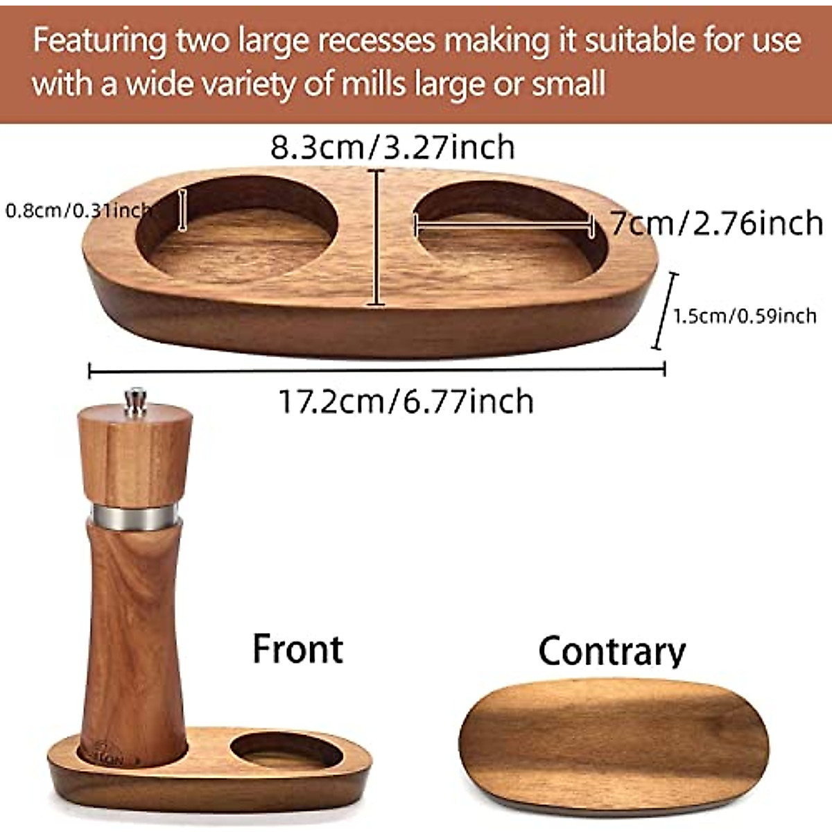 Salt and Pepper Mill Tray,Acacia Wood Tray, Salt & Pepper Grinder Accessories（Inner Dia 2.76 inch / 7cm）fit many Mills & Shakers