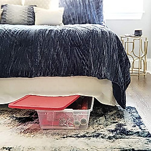 Homz 3421CLRDDC.02 Large 41 Quart Clear Plastic Under Bed Stackable Holiday Storage Container with Red Snap Lock Lid, 2 Pack