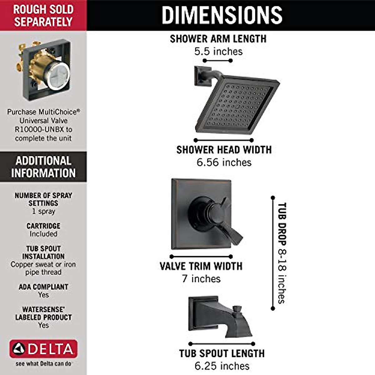 Delta Faucet Dryden 17 Series Dual-Function Tub and Shower Trim Kit with Single-Spray Touch-Clean Shower Head, Venetian Bronze, 2.0 GPM Water Flow, T17451-RB-WE (Valve Not Included)