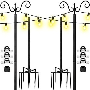 Kalafun Outdoor String Light Poles Stand - 2 Pack Poles for Hanging Outside String Lights - 9 FT Adjustable Metal String Light Pole Stakes with Hooks for Patio Fence Garden Deck Bistro Backyard