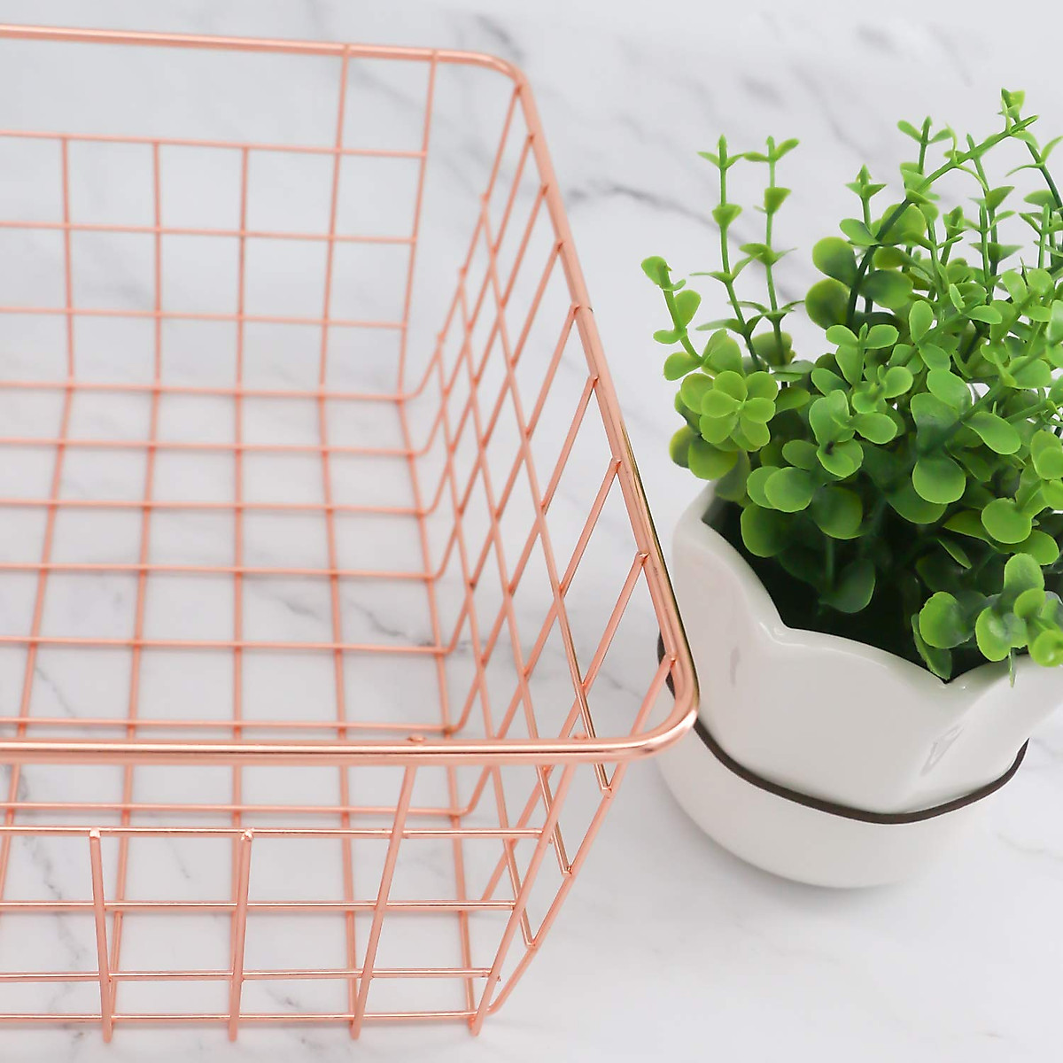 Metal Wire Storage Basket with Handles for Kitchen Food Pantry Papers Home Office Desk Basket Bathroom Laundry Room Basket Bedroom Bed Room, Rose Gold