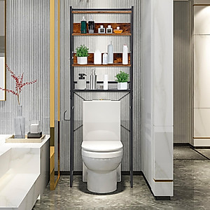 ZENY Over The Toilet Storage, 4-Tier Over Toilet Bathroom Space Saver with Hooks, Over The Toilet Storage Rack, Freestanding Bathroom Organizer, Rustic Brown