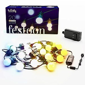 Twinkly Festoon App-Controlled LED Bulb Outdoor String Lights w/ 20 RGB (16 Million Colors) LEDs, 32.8 ft Patio Lights, Outside Lights w/Black Cable. Smart Indoor Outdoor Lights Decoration