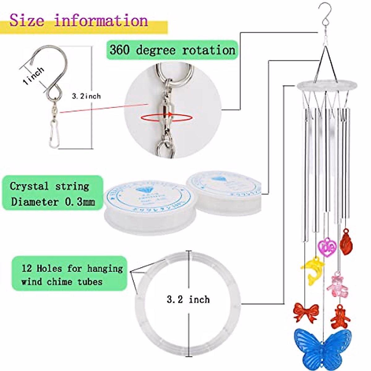 SAIDIC 100PCS Wind Chime Parts Wind Chime Tubes Wind Chime DIY Supplies DIY Wind Chime Kit Windchime Kits Glass Beads Acrylic Wind Chime Pendant for Adults Kids Arts and Crafts