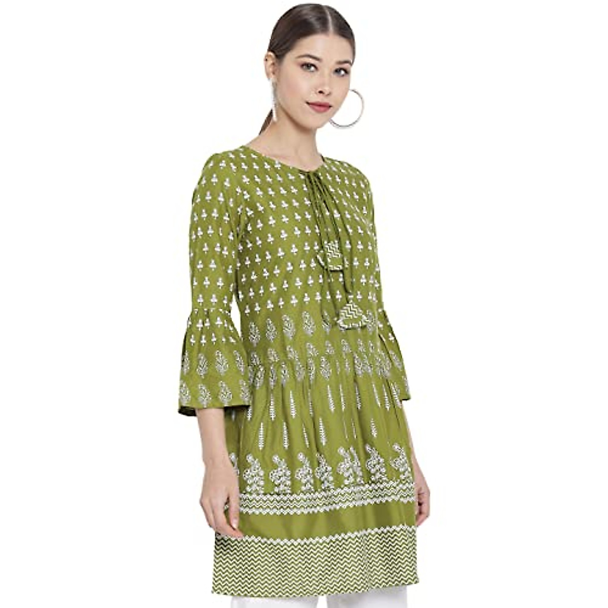 Yash Gallery Women's Rayon Printed Short Kurta (Green)