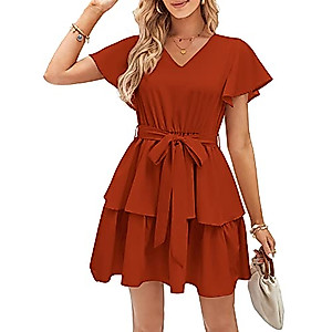 ZAFUL Women's Short Flutter Sleeve Mini Dress V Neck Waist Tie Tiered Flare Casual 2023 Summer Dress (Brick Red, M)