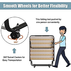 KOMFOTT Folding Rollaway Bed with Mattress, Foldable Bed with Memory Foam Mattress for Adults, Portable Fold Up Guest Bed with Sturdy Steel Frame on Wheels for Home & Office, Made in Italy (Beige)