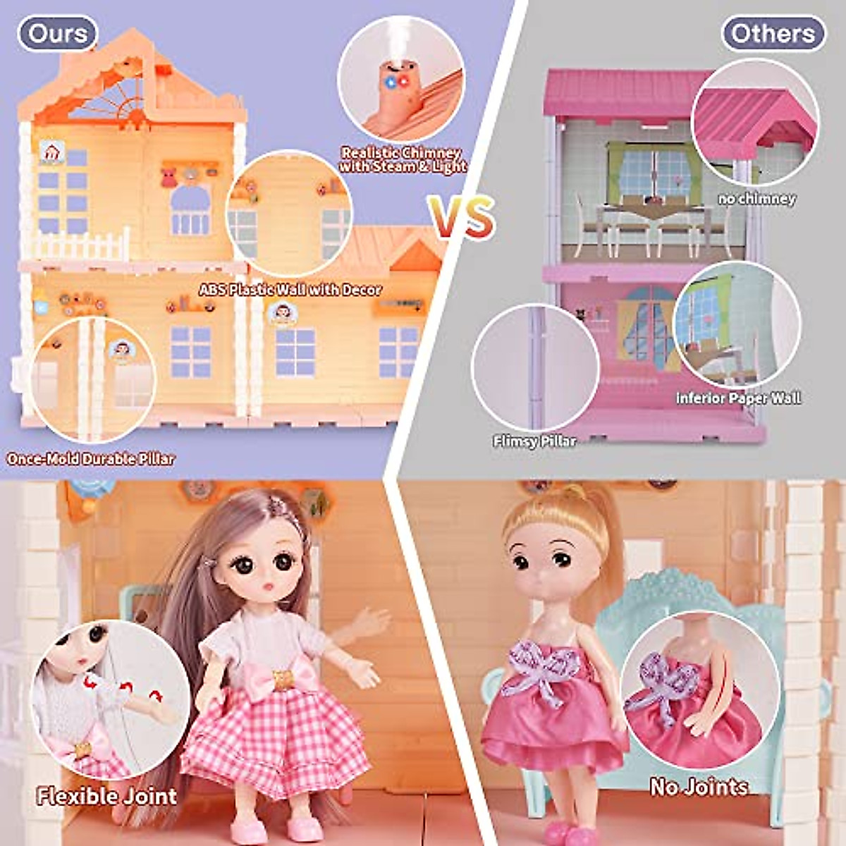 RASSR Dollhouse for 2-3 Year Old Girls, Doll House with Lights, Steam Chimney and Garden Building Toys, DIY Pretend Dollhouse Kit with Dollhouse Furniture Accessories and Doll, Doll House 4-5 Year Old