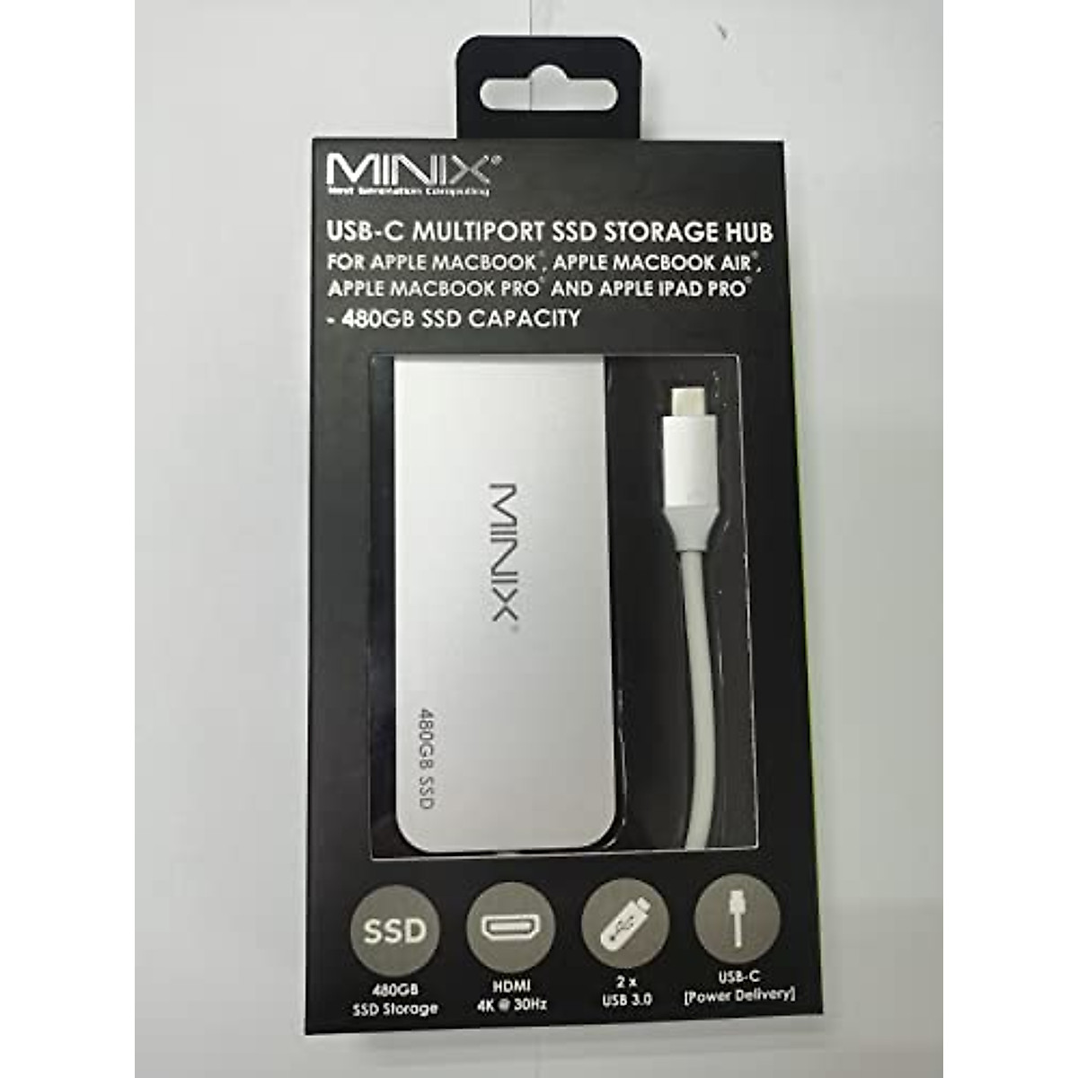 MINIX NEO Storage, 480GB Aluminum USB-C Multiport Solid State Drives Storage Hub with Display Output 4K @ 30Hz, 2 x USB 3.0 and USB-C for Power Delivery, Compatible for Apple MacBook. Silver