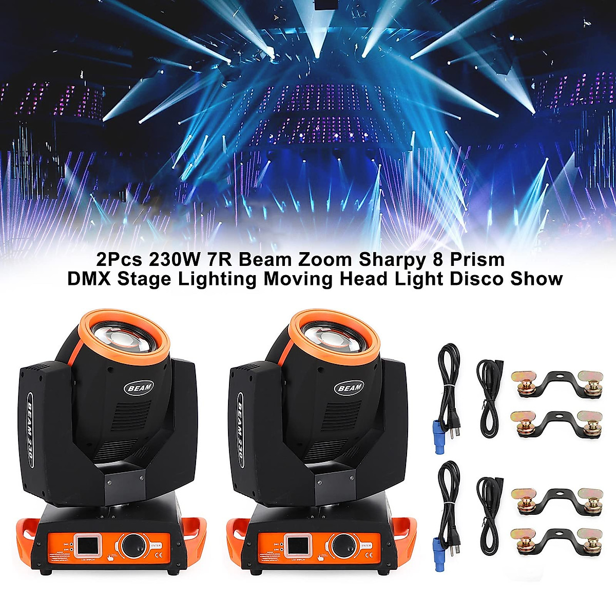 Frezon 2PCS 7R 230W Stage Lights Moving Head Light, RGBW DJ Lighting, 8 Prism Strobe DMX 16Ch for Wedding DJ Party Stage Lighting