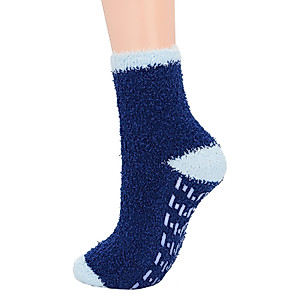 Athletic Plush Socks for Women Warm Fuzzy Socks with Grip Non Slip Socks Yoga Pilates Socks Athletic Socks 5 Pack Blue Sets with Grips One Size