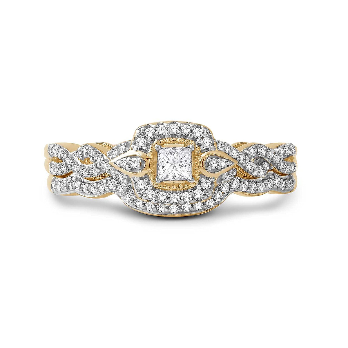 DZON 10k Yellow Gold 1/3CT TDW Diamond Halo Princess-Cut Engagement Ring Set Love Gift for Women (I-J,I2)