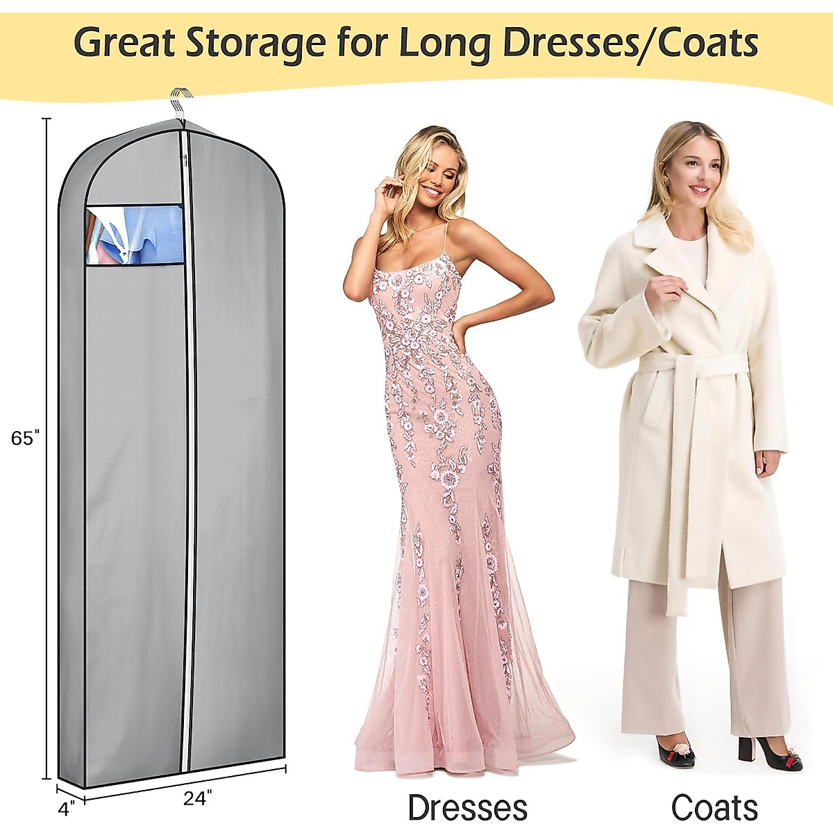MISSLO 4" Gusseted Garment Bags for Hanging Clothes 65" Dress Bags for Gowns Long Waterproof Dress Cover for Closet Hanging Clothes Storage Bag, 3 Packs