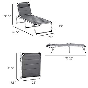 Outsunny Foldable Outdoor Chaise Lounge Chair, 5-Level Reclining Camping Tanning Chair with Aluminum Frame, Padding, and Headrest for Beach, Yard, Patio, Pool, Gray
