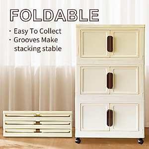 3 Pack Closet Organizers and Storage 36Qt (9.21 Gal) White Folding Stackable Storage Bins with Doors and Lids Plastic Collapsible Containers Organizer for Home Room Essentials plastic storage cabinet