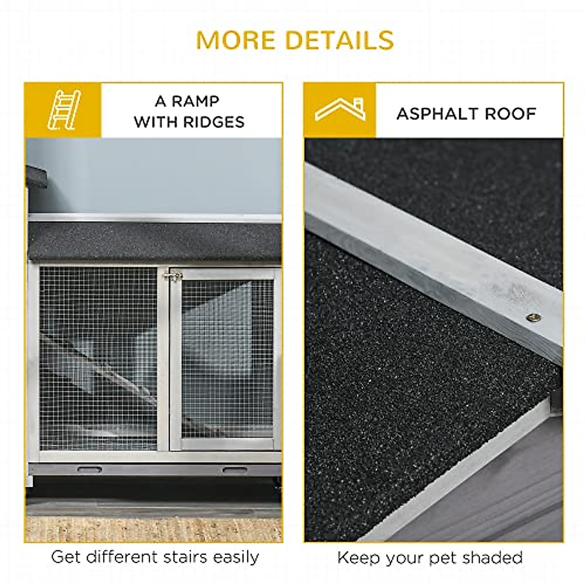 PawHut 62" Wooden Rabbit Hutch, Bunny Cage, Pet Playpen House with Wheels, Run Box, No Leak Tray, and Ramp for Small Animals, Indoor/Outdoor Use, Light Grey