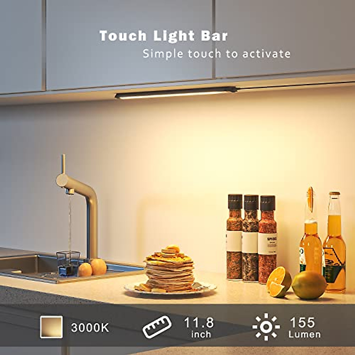 MYPLUS Under Cabinet Lights, 12" Touch Activated and Dimmable Aluminum LED Bar for Kitchen, Workbench and Desk, Warm White 3000K, Plug-in, Black.