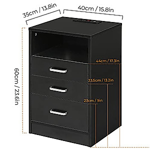 ADORNEVE Black Nightstand 3 Drawers with USB Port,Bedroom End Table Side Table Wooden Sofa Side Stand Cabinet,with Sliding Drawer & Open Storage