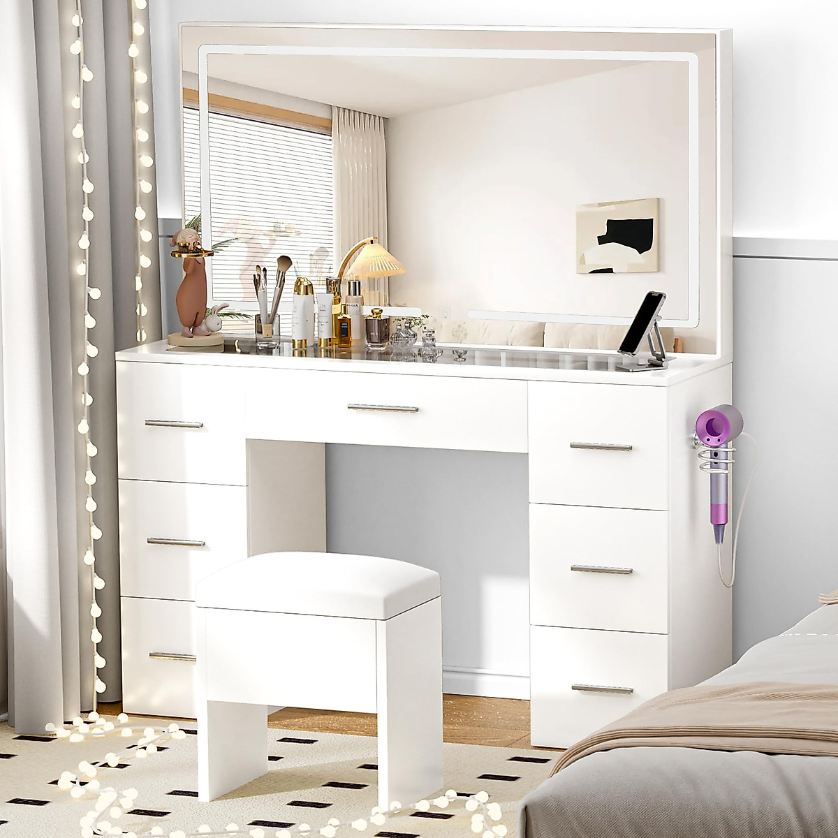 VALONDINO Makeup Vanity Desk with Power Outlet, 46'' Glass Top Vanity Set, 7 Drawers Vanity Table with Cushioned Stool, 3 Lighting Modes Brightness Adjustable,White