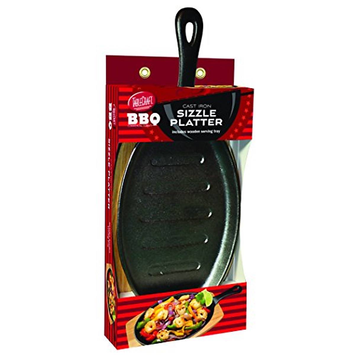 TableCraft 17" Pre-Seasoned Cast Iron Fajita Skillet Set with Wood Serving Tray | Commerical Quality for Restaurant or Home Kitchen Use