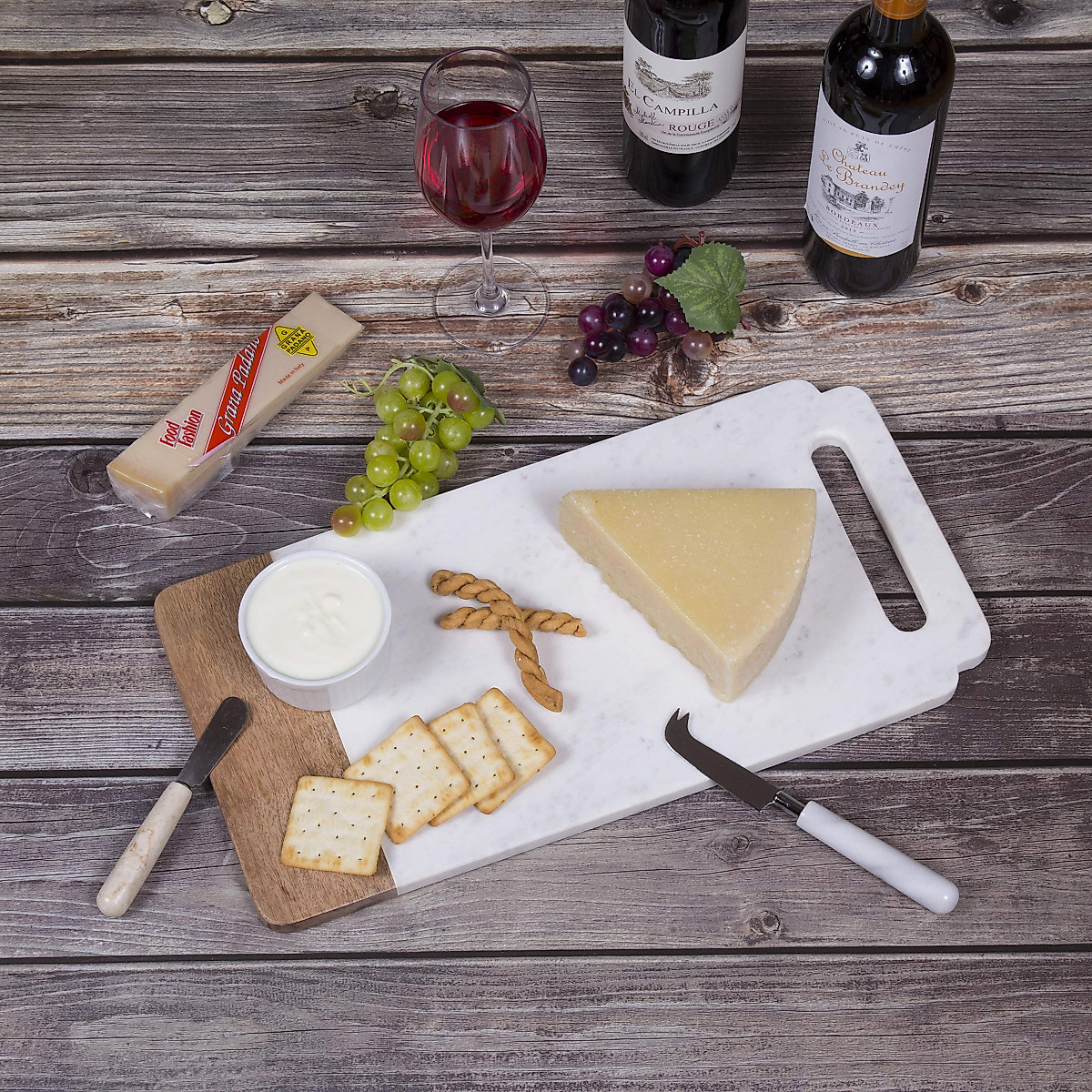 Creative Home Natural Marble with Mango Wood 18" x 9" Handled 16" x 20" Pastry Board Set, 18" L x 9" W x 5/8" H, 16" L x 20" W x 5/8" H, Off-White (patterns may vary)