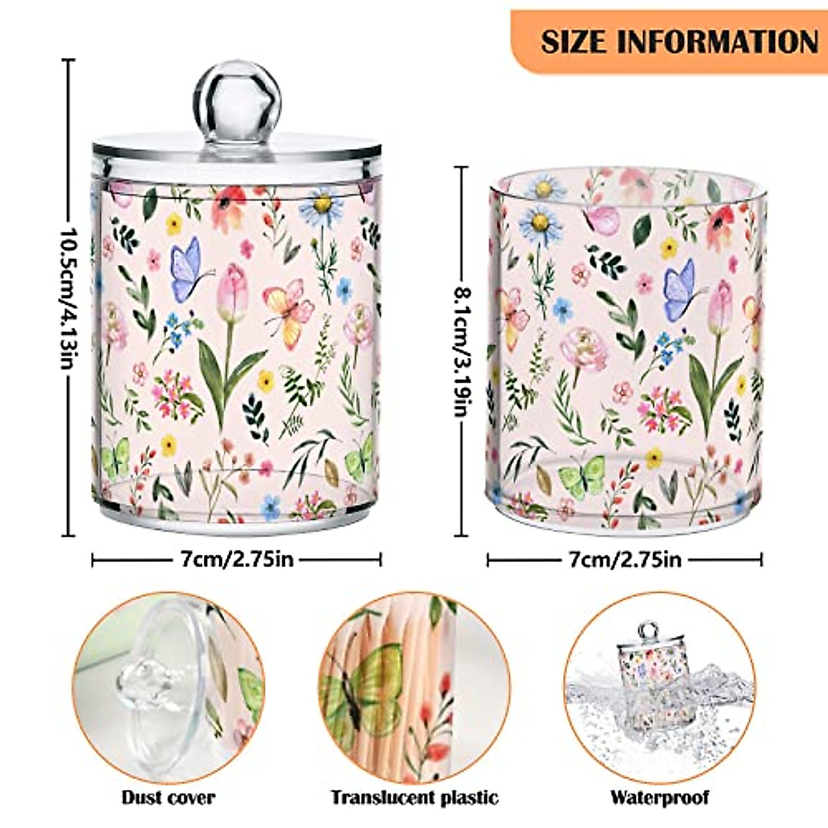 MNSRUU 2 Pack Qtip Holder Organizer Dispenser Spring Wildflowers and Leaf Bathroom Storage Canister Cotton Ball Holder Bathroom Containers for Cotton Swabs/Pads/Floss