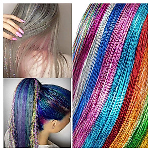 Hair Tinsel Kit with Tool 12 Colors 3000 Strands Hair Tinsel Kit Shiny Fairy Hair Tinsel Extensions Colord Party Highlights Glitter Hair Extensions Multi-Colors Hair Tinsel Kit (12 Colors, 45")