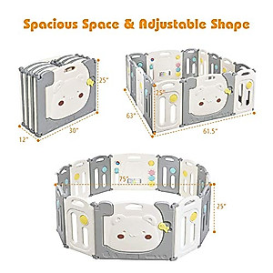 Costzon Baby Playpen, 14 Panel Foldable Thicken Kids Safety Play Fence with Storage Bag, Door with Safety Lock, 14 Rubber Suction Cups, HDPE Material BPA Free, Adjustable Shape, for Indoor Outdoor