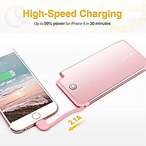 Luxtude 5000mAh Portable Charger for iPhone, Ultra Slim MFi Apple Certified Battery Pack Built in Lightning Cable, Fast Charging Power Bank for iPhone 13/12/11 Pro/X/XR/XS Max/8/7/6S, Rose Gold Pink.