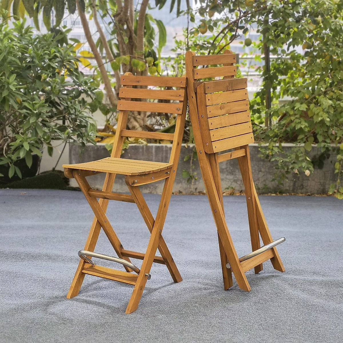 INTERBUILD REAL WOOD Acacia Hardwood Foldable Sofia Bar Height Chair with Foot Rest, 26" Tall, 2 Piece Set - Golden Teak