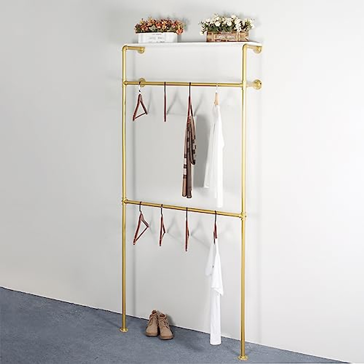 OUBITO Industrial Pipe Clothing Rack,Commercial Grade Pipe Clothes Racks,Heavy Duty Wall Mounted Closet Storage Rack,Hanging Clothes Retail Display Rack Garment rack,Gold 1 Board With Crossbar