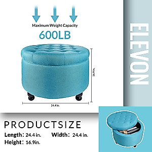 Elevon Large Button Tufted Accent Round Storage Ottoman Upholstered Ottoman with Storage for Living Room & Bedroom, 24.4" x 24.4" x 16.9"
