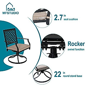MFSTUDIO 7-Piece Metal Outdoor Patio Dining Set with 6 Armrest Chairs and 1 Steel Rectangular Table with 1.57“ Umbrella Hole, L60 x W38 x H28 Table, 4 Backyard Garden Chairs, 2 Swivel Chairs, Black