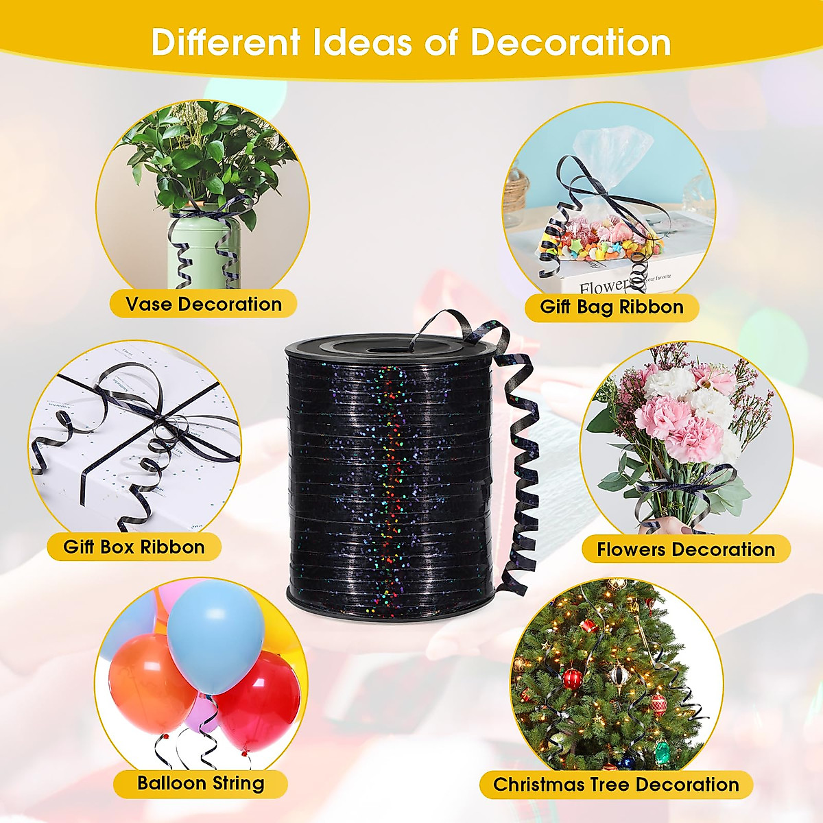 OMISELIO Black Curling Ribbon, 500 Yard, Shiny Metallic, Laser Thin, Curly, Perfect for Gift Wrapping, Balloons, Crafts, Parties, Occasions, Black, Plastic, Celebratory